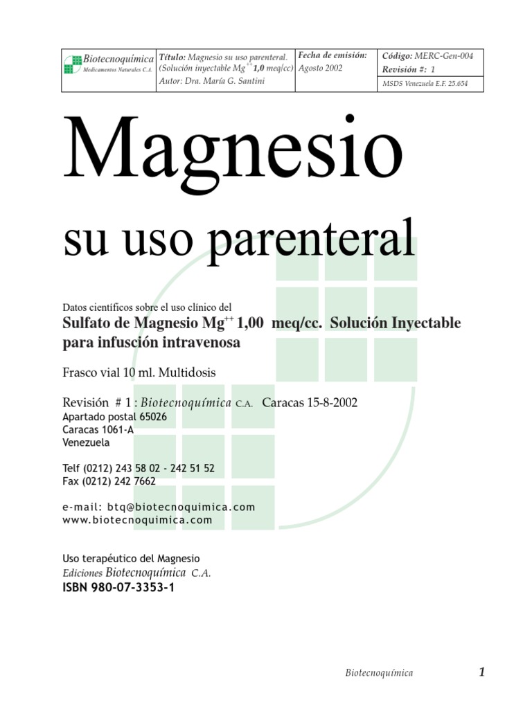 Magnesio Uso y Aplicaciones. MG Endovenos | PDF | Calcio | Medicamentos ...