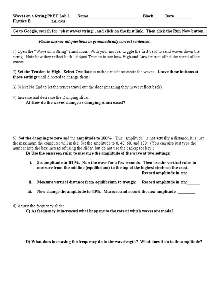 PhET Wave On A String Lab 1 | PDF | Frequency | Waves