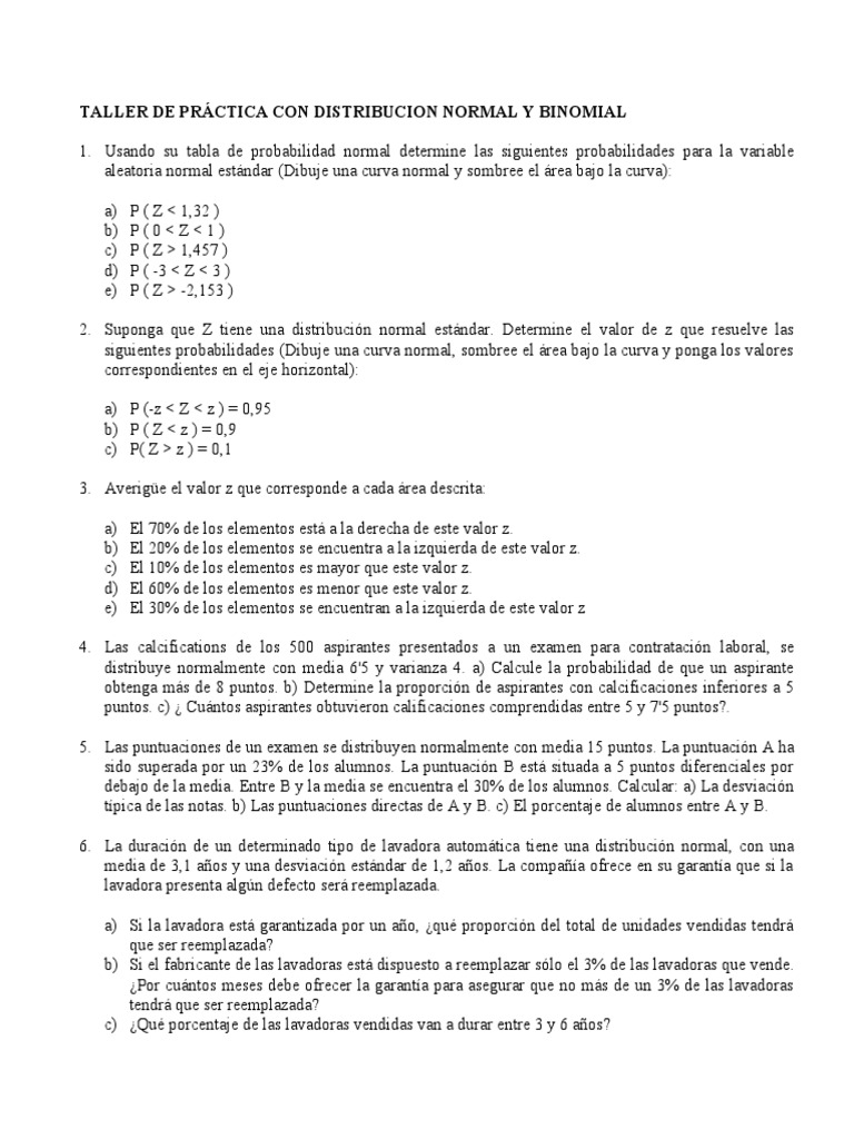 Taller de Practica Normal y Binomial | PDF | Desviación Estándar | Probabilidad