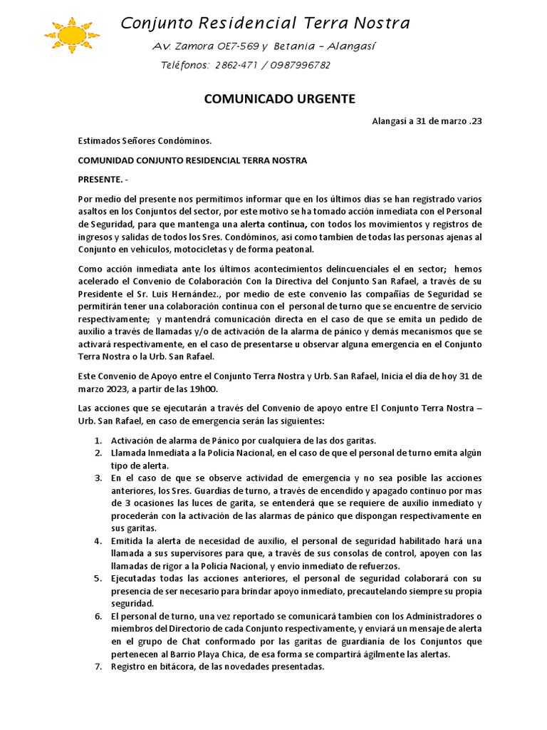 Comunicado de Seguridad Conjunto Terra Nostra Marzo 2023 | PDF | Negocios