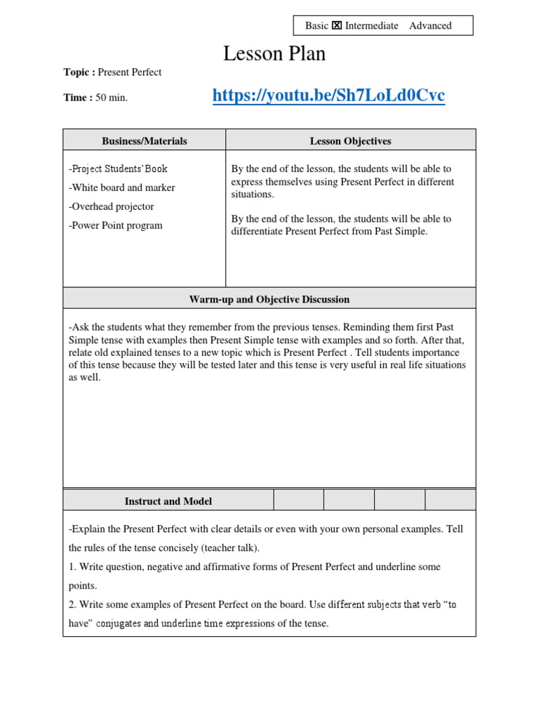 Grammar Lesson Plan | PDF | Perfect (Grammar) | Grammatical Tense