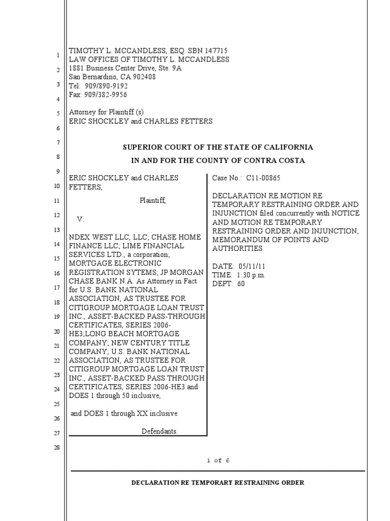 Declaration Re Temporary Restraining Order15!11!11 | PDF | Foreclosure ...