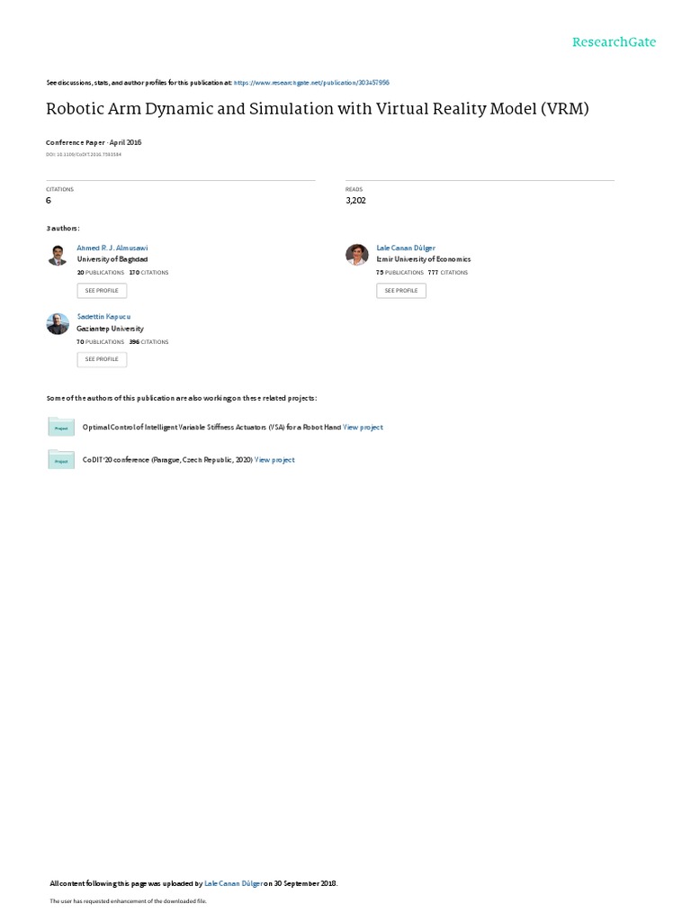 Robotic Arm Dynamic and Simulation With Virtual Re PDF | PDF ...