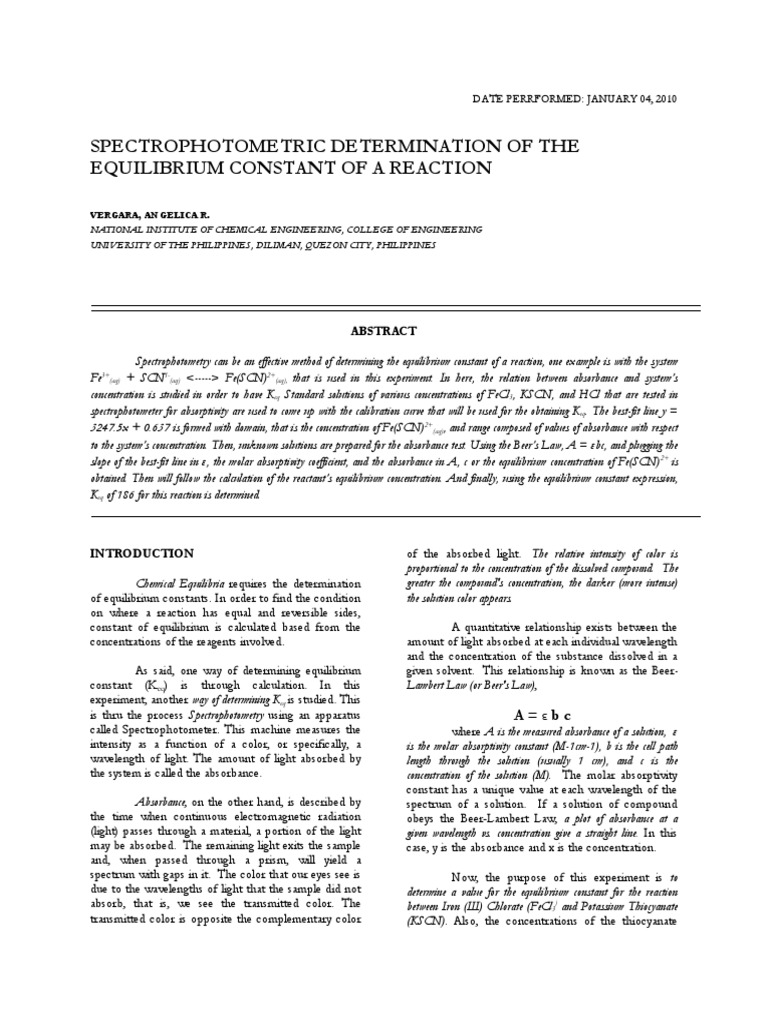 Chem 17 - SPECTROPHOTOMETRIC DETERMINATION OF THE EQUILIBRIUM CONSTANT ...