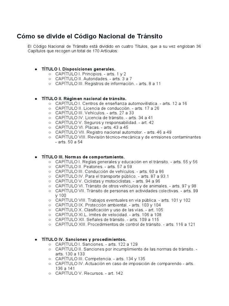 Cómo Se Divide El Código Nacional de Tránsito | PDF | Transporte ...