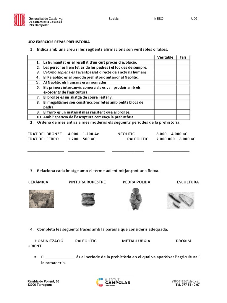 Ud2 Exercicis Repàs Prehistòria PDF | PDF