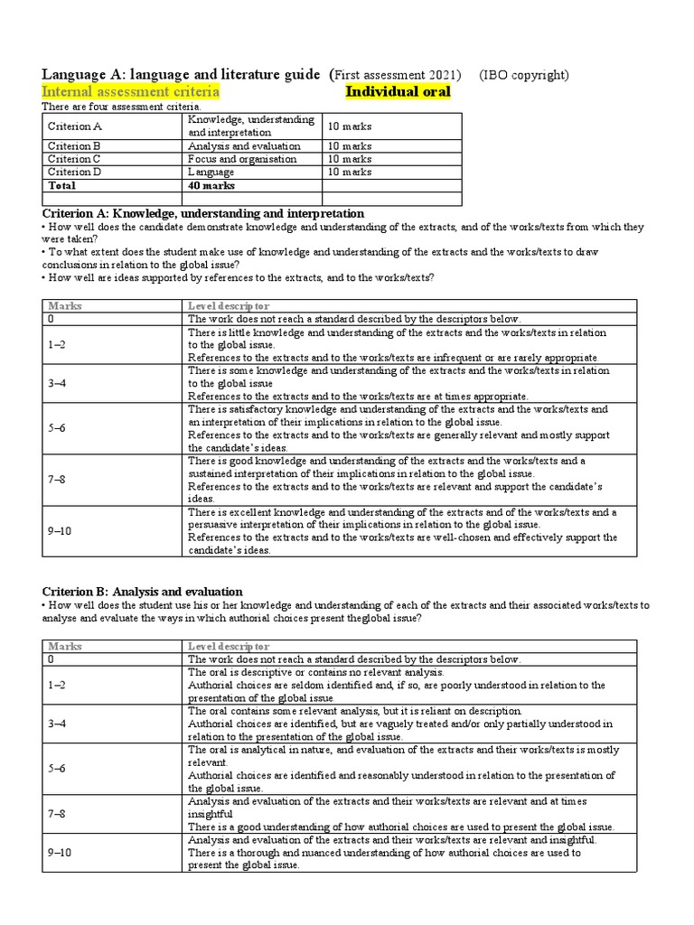 IB Eng A: Lang/Lit Oral Examination Assessment Criteria_Subject Guide ...