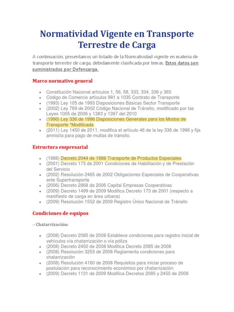 Normatividad Vigente en Transporte Terrestre de Carga | PDF | Economía del transporte ...