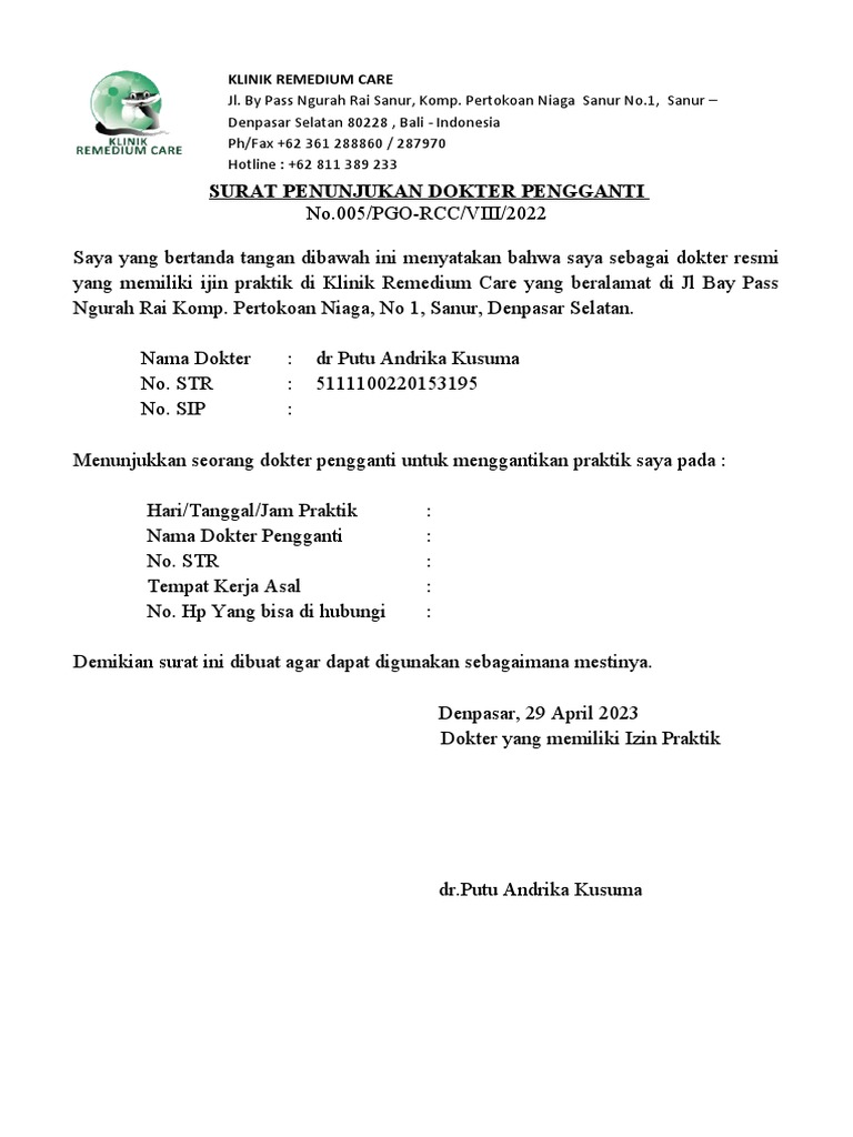 SURAT PENUNJUKAN DOKTER PENGGANTI - Klinik Remedium Care | PDF