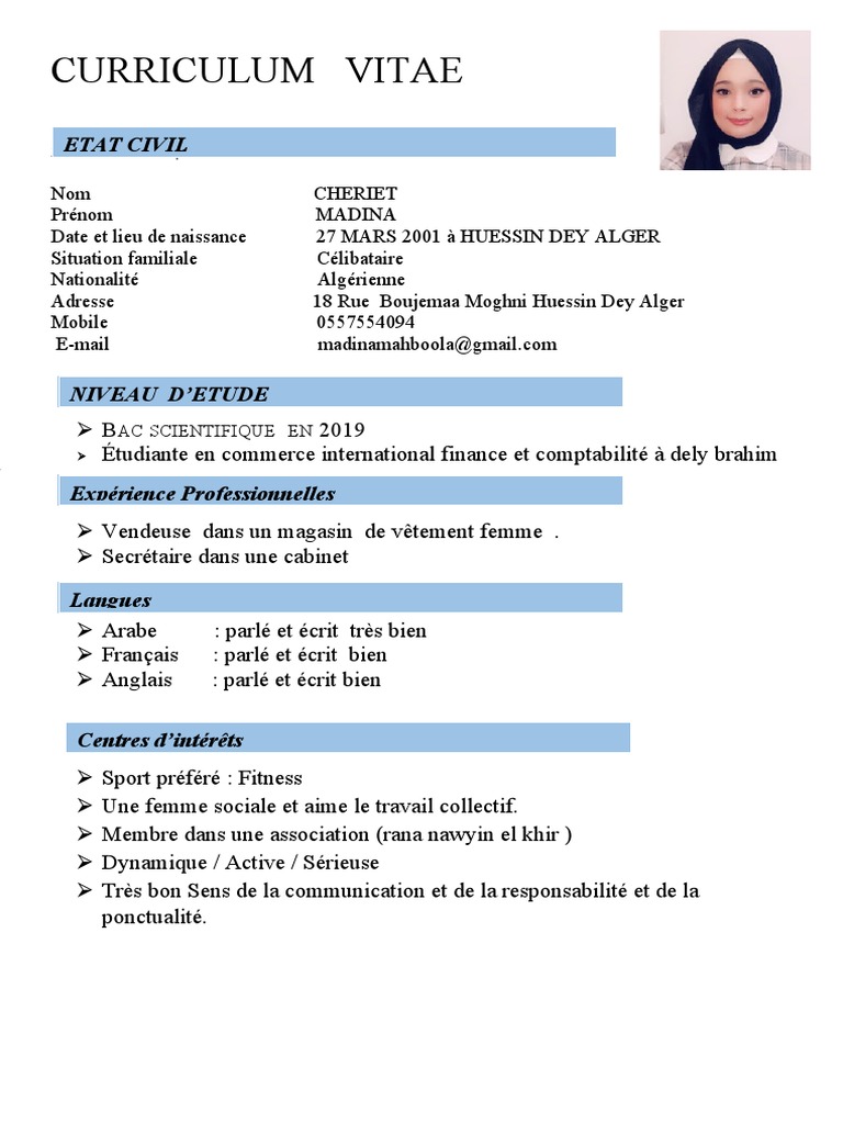 Bac 2019 : CV de Madina Cheriet | PDF | Mode de vie