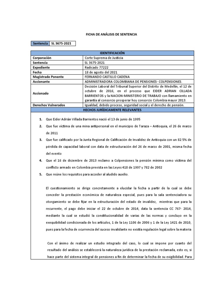 Análisis de la Sentencia SL 3675-2021 | PDF | Pensión | Colombia