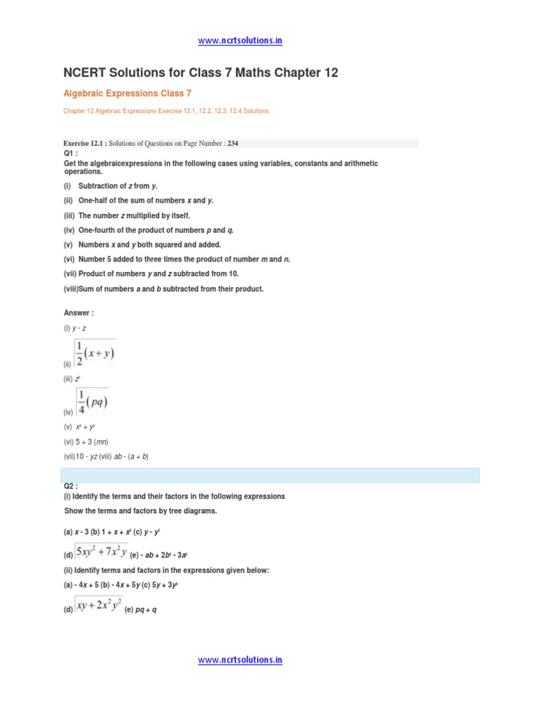 NCERT Solutions For Class 7 Maths Chapter 12 | PDF | Numbers | Abstract Algebra