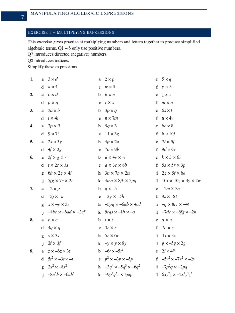 Algebraic Expressions Multiplication Practice | PDF