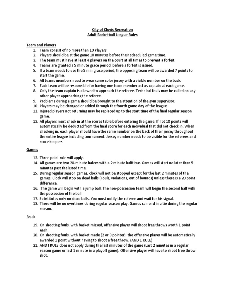 Clovis Adult Basketball League Rules | PDF | Sports | Sports Rules And ...