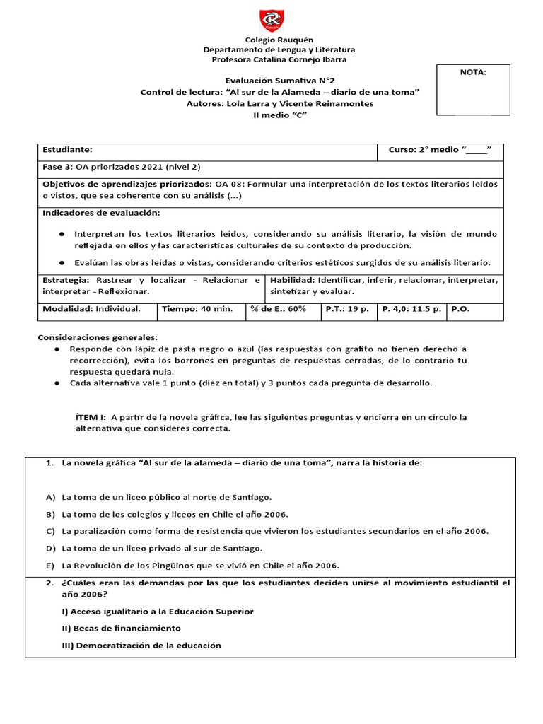 2MC - Control de Lectura - Al Sur de La Alameda | PDF