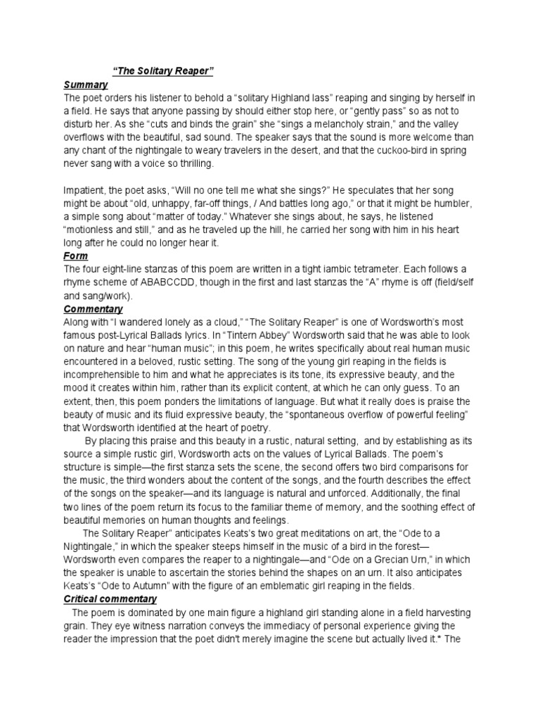 The Solitary Reaper: A Poetic Analysis | PDF | Poetry