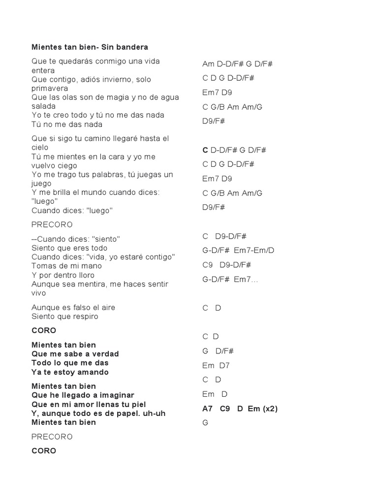 Mientes Tan Bien - Sin Bandera Acordes | PDF