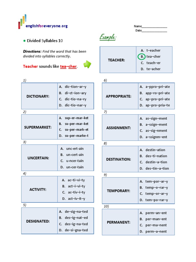 Syllable Division Practice Quiz | PDF | Language Arts & Discipline