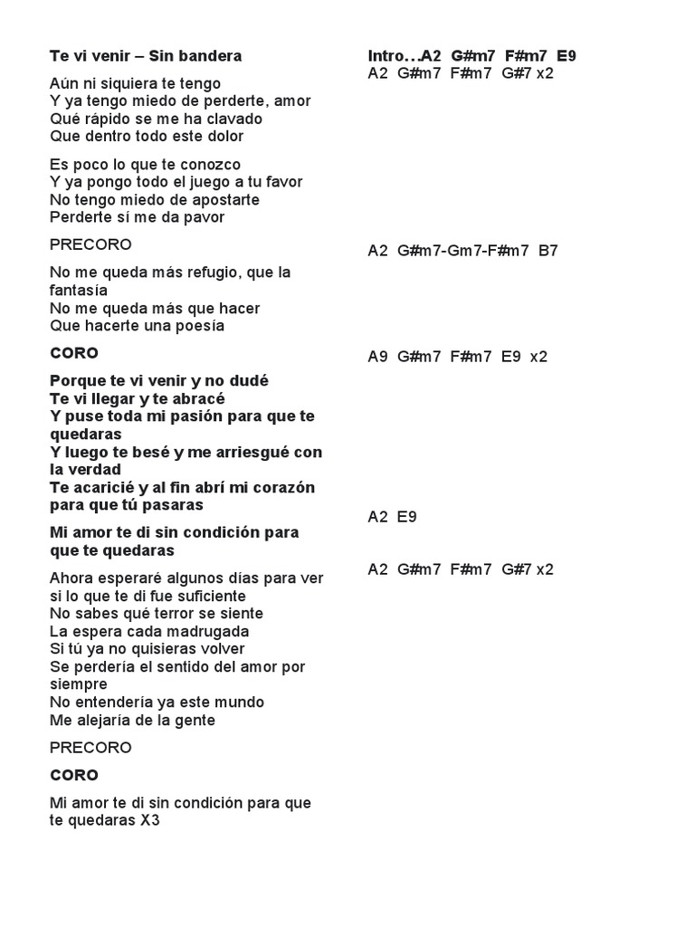 Te vi venir - Sin Bandera: Letra y Acordes | PDF | Arte