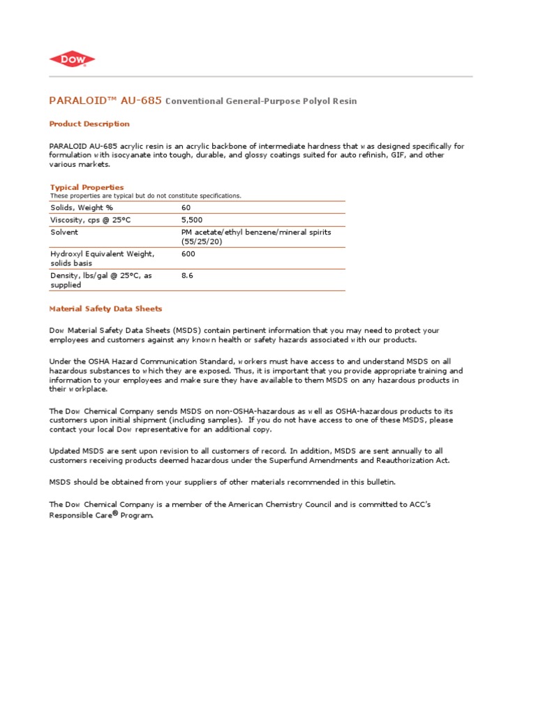 Paraloid Au 685 | PDF | Dow Chemical Company | Physical Sciences