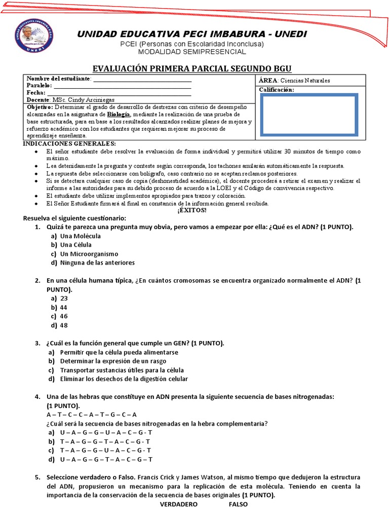 EVALUACIÓN PRIMERA PARCIAL 2do BGU BIOLOGÍA | PDF | Rna | Adn