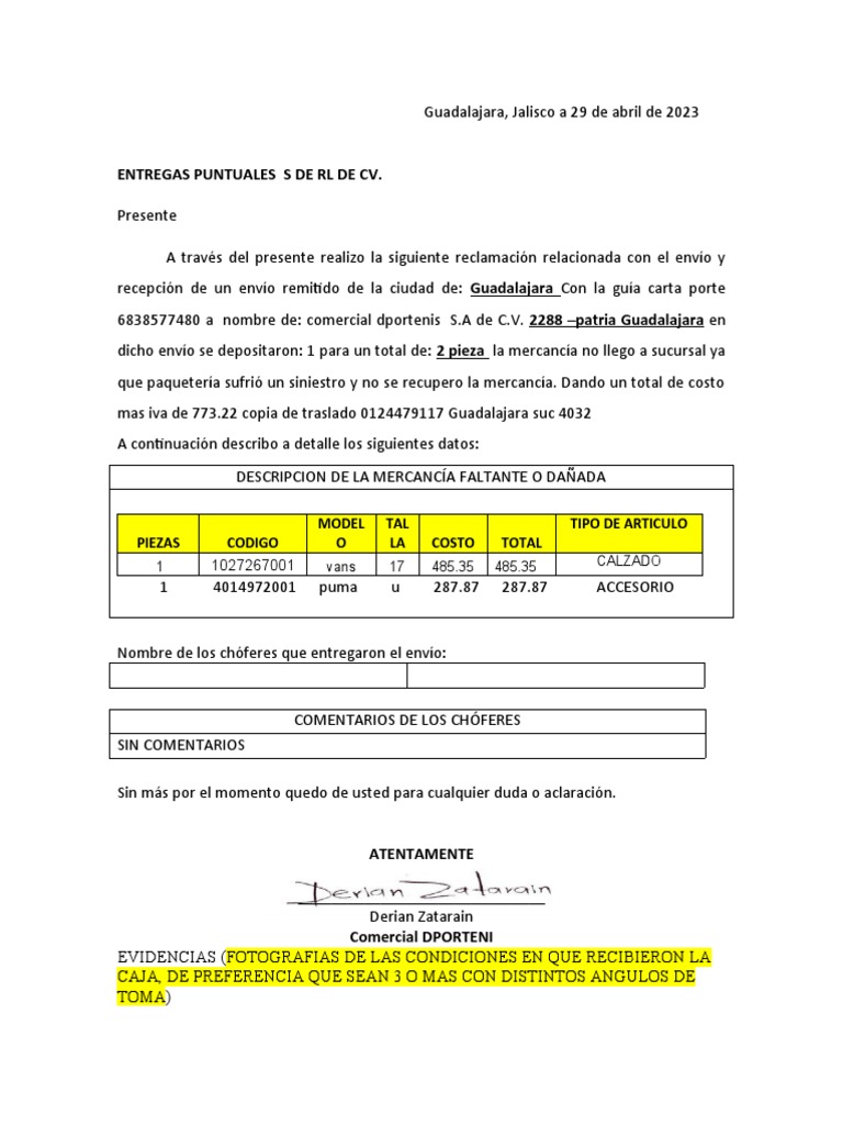 carta reclamacion vans.docx | PDF