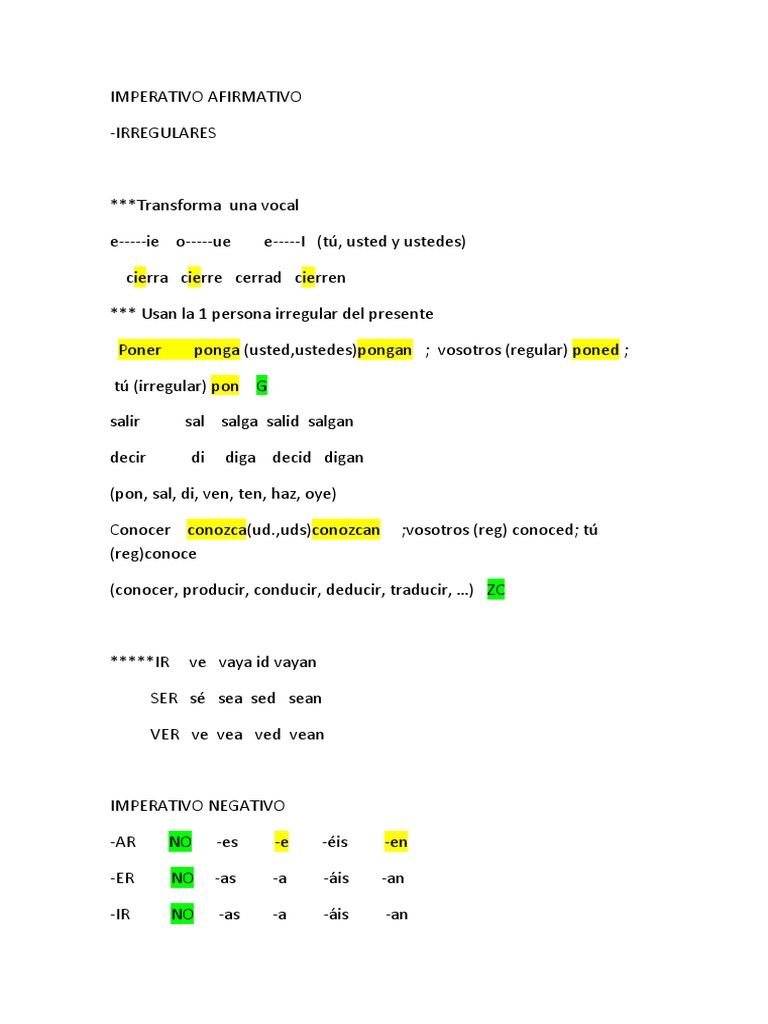 Imperativo Afirmativo Y Negativo Pdf