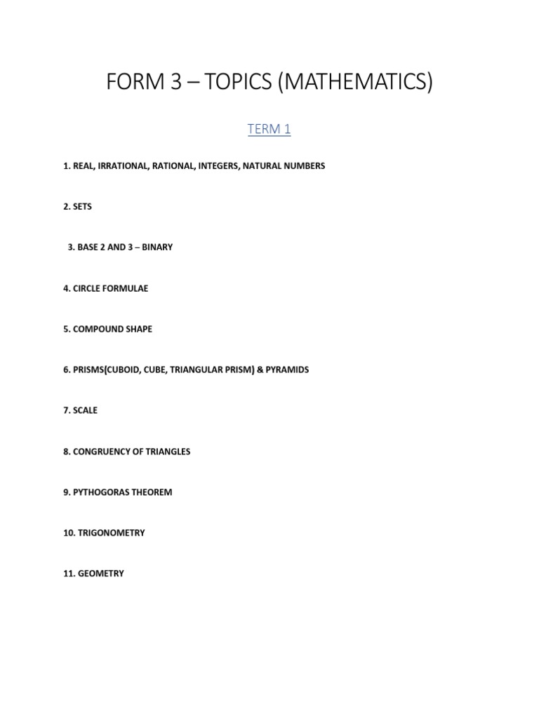 Form 3 Mathematics Topics Overview | PDF | Teaching Methods & Materials ...