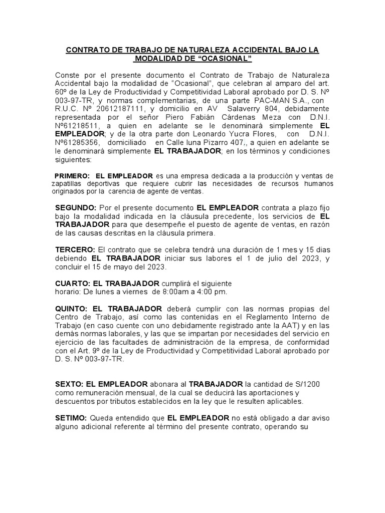 Contrato - Accidental - Ocasional Hecho | Descargar gratis PDF | Derecho laboral | Justicia