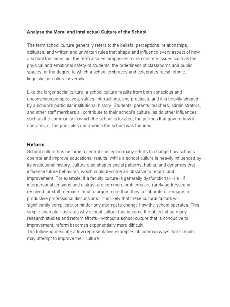 Analyse the Moral and Intellectual Culture of the School | PDF