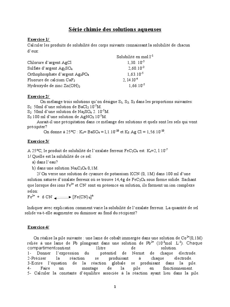 Exercices Chimie Des Solutions | PDF | Zinc | Précipité