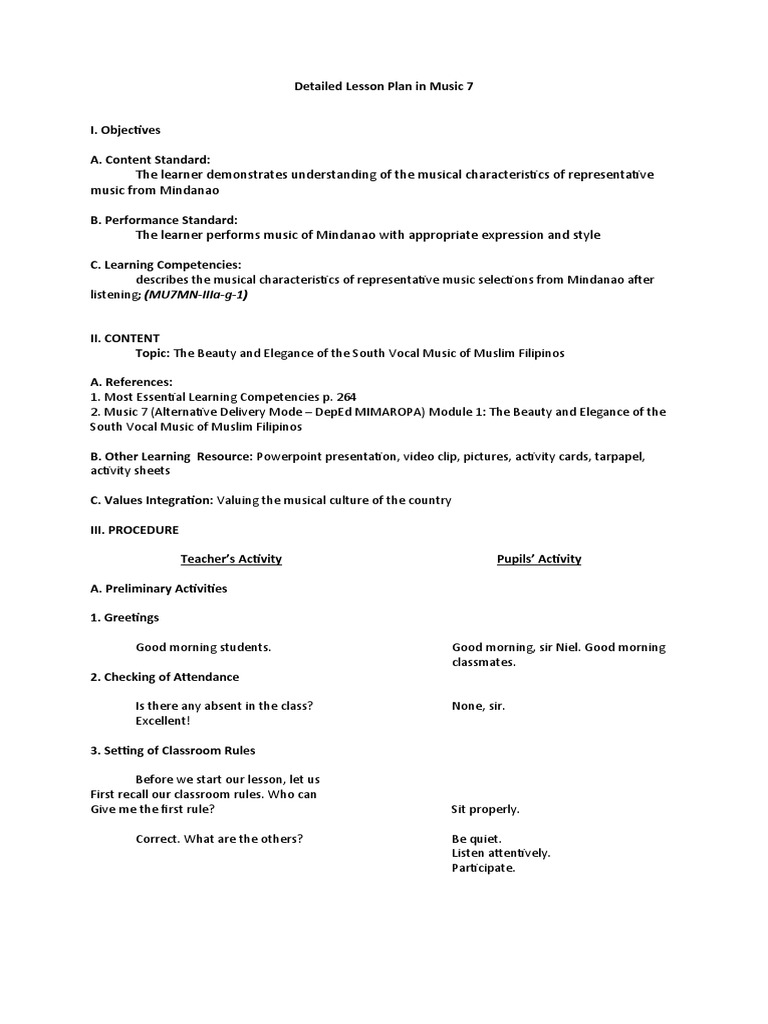 Detailed Lesson Plan in Music 7 | PDF | Singing | Songs