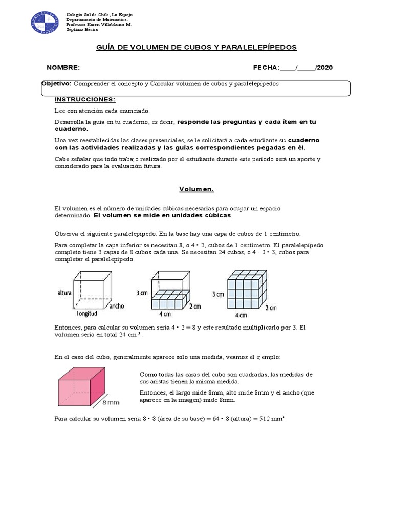 7° Básico GUÍA DE VOLUMEN DE CUBOS Y PARALELEPIPEDOS 2020 | PDF ...