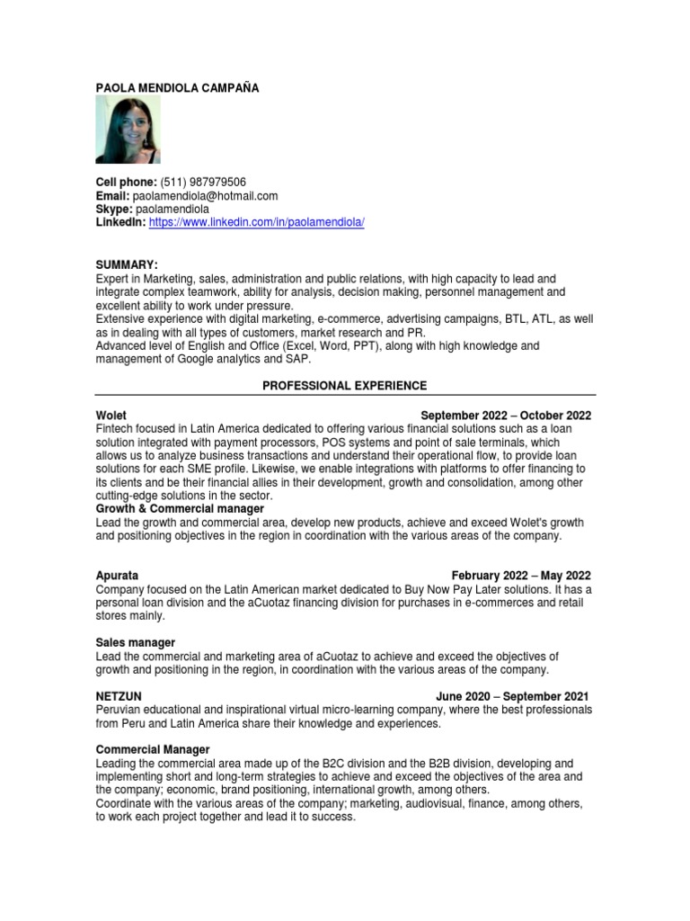 CV Paola Mendiola Eng | PDF | Marketing | Sales
