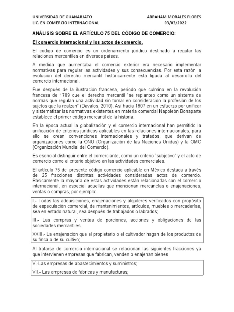 Análisis Sobre El Artículo 75 Del Código de Comercio | PDF | Comercio | El comercio internacional
