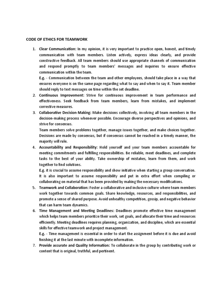Final - CODE OF ETHICS FOR TEAMWORK | PDF | Communication | Decision Making