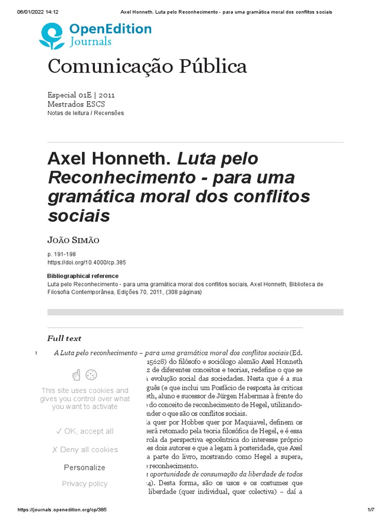 Axel Honneth. Luta Pelo Reconhecimento - para Uma Gramática Moral Dos ...