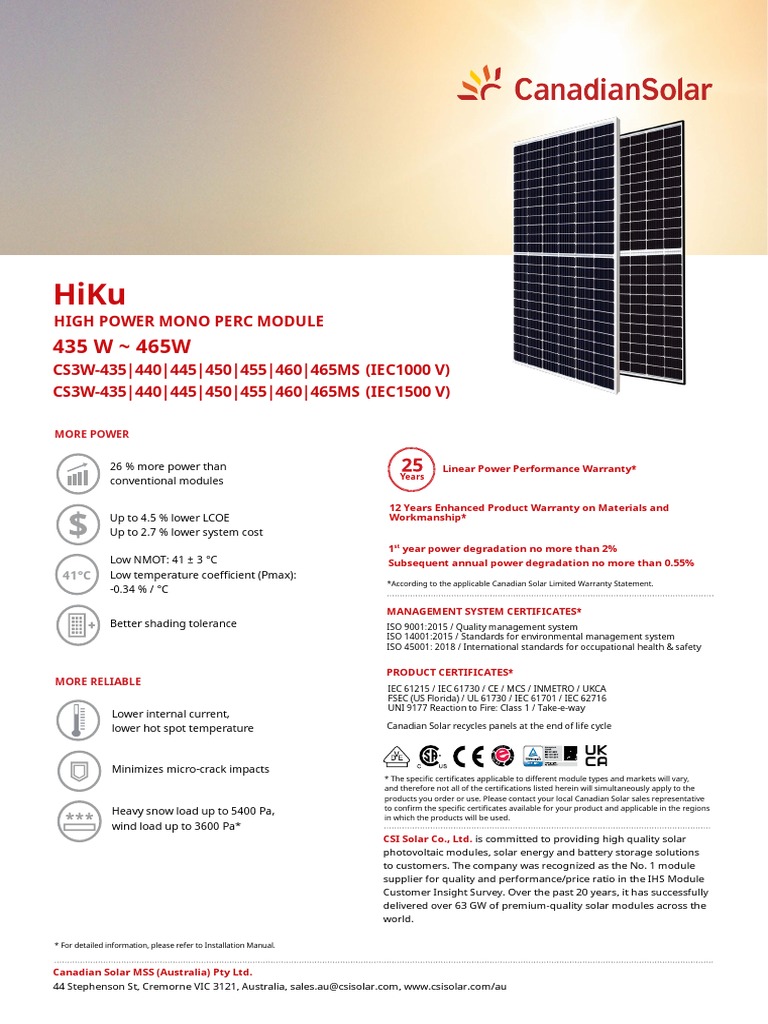 Datasheet Canadian CS3W-435... 465MS | PDF | Photovoltaics | Solar Energy
