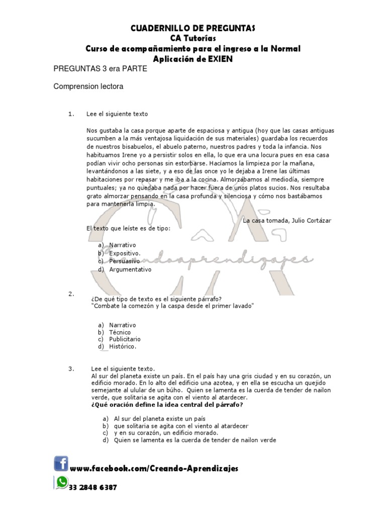 Preguntas de Comprensión Lectora para Ingreso a Normal | PDF | La ...