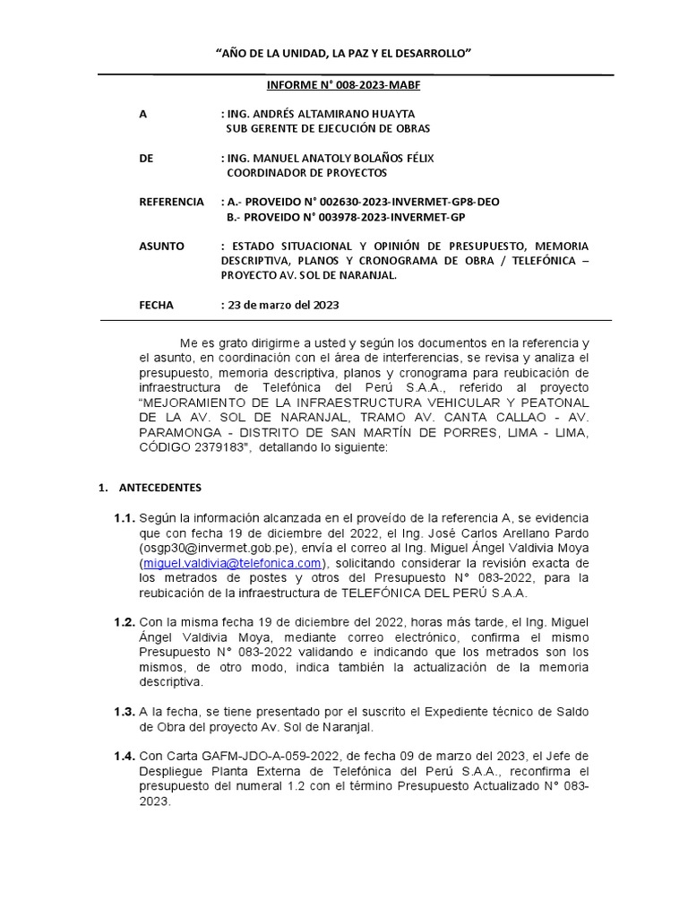 Informe N 008 - 2023 - Invermet - Mabf | PDF | Ciencias Políticas ...