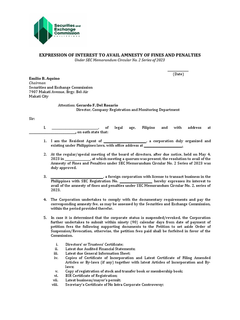 Branch Office Expression of Interest For Amnesty of Fines and Penalties ...