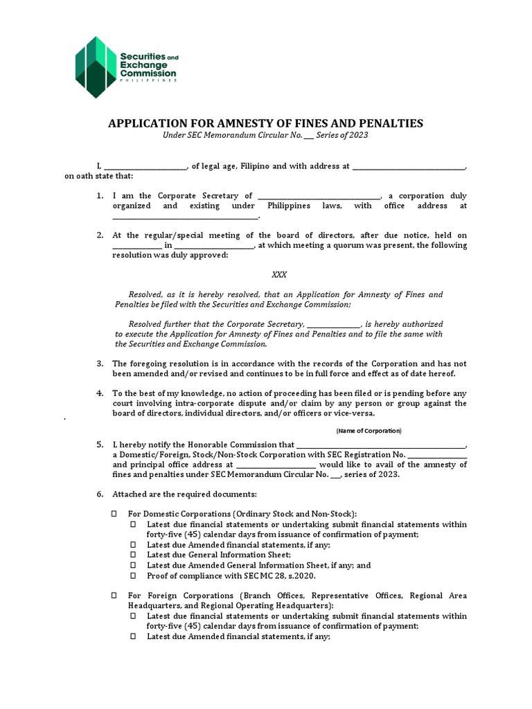 Application For Availment of Amnesty of Fines and Application For Non ...