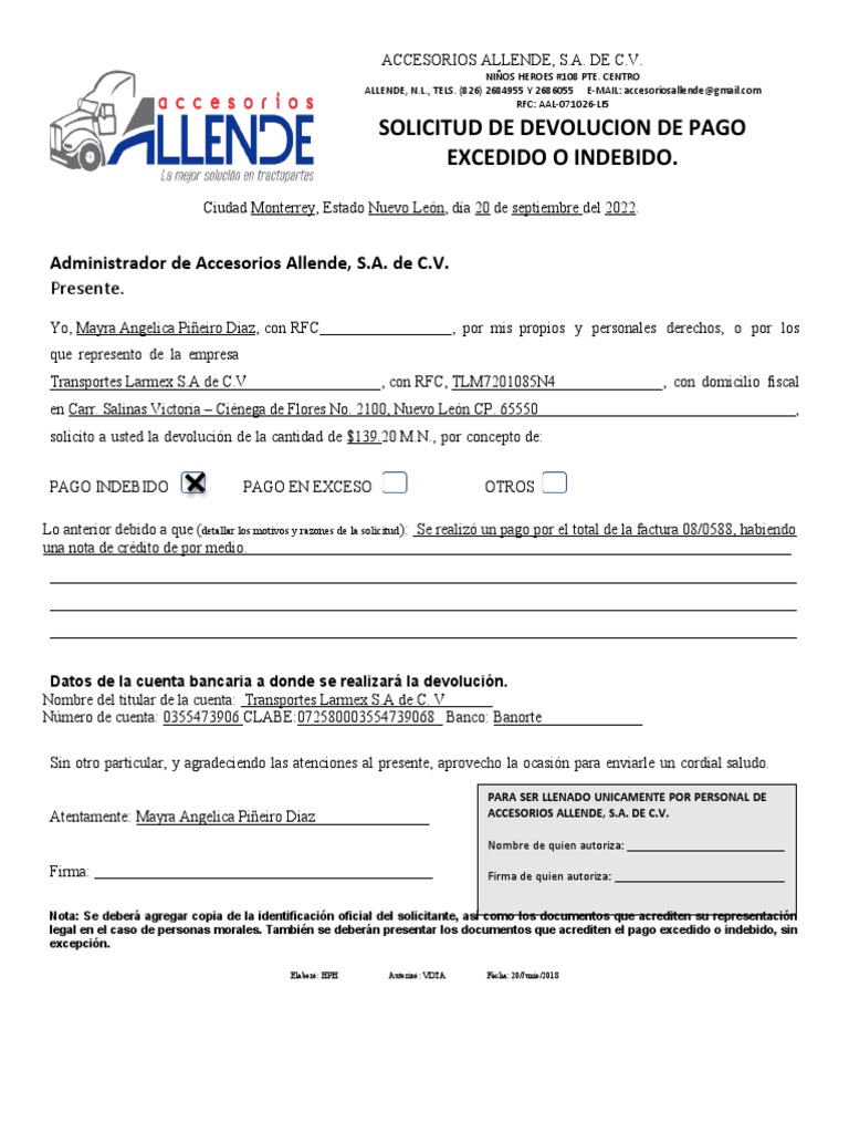 Formato Solicitud de Devoluciones de Pagos | PDF