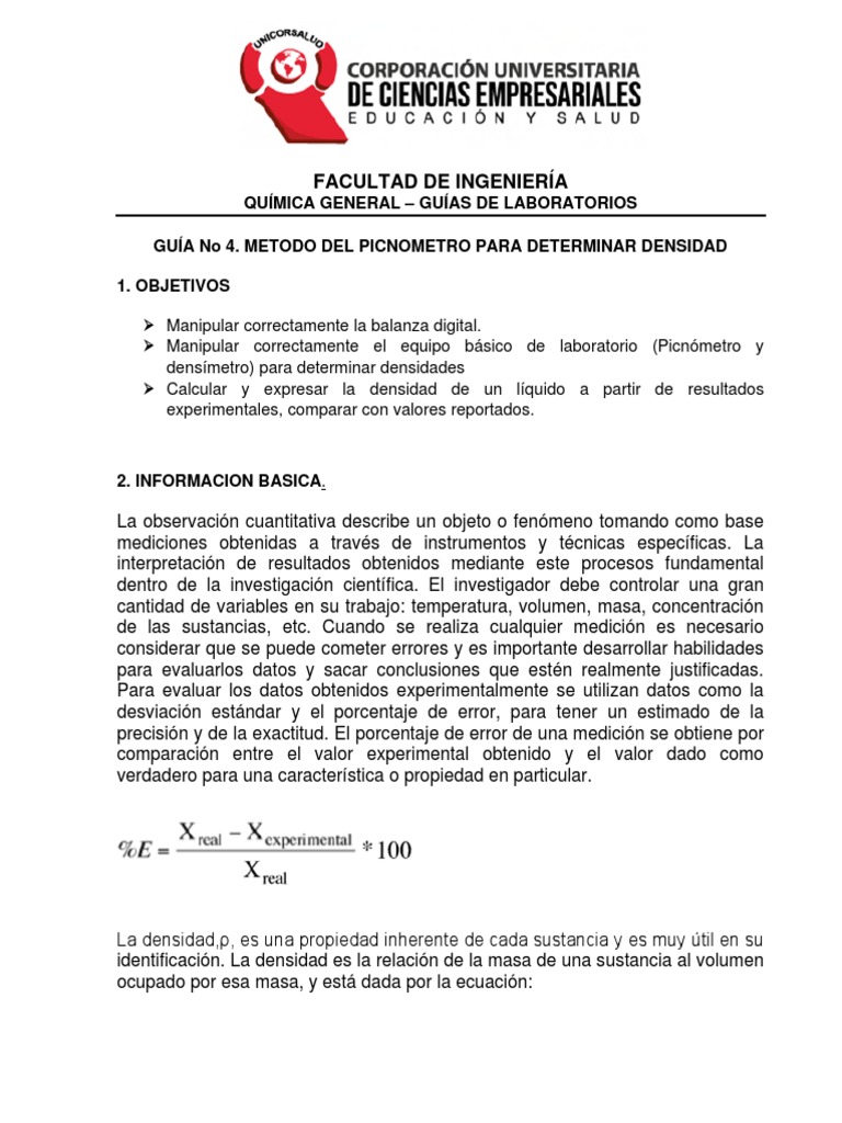 GUÍA No 4. METODO DEL PICNOMETRO PARA DETERMINAR DENSIDADES PDF | PDF ...