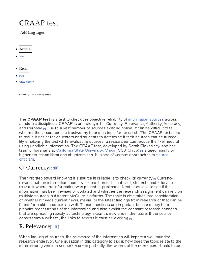CRAAPtest WIKIPEDDIA | PDF | Communication | Cognition