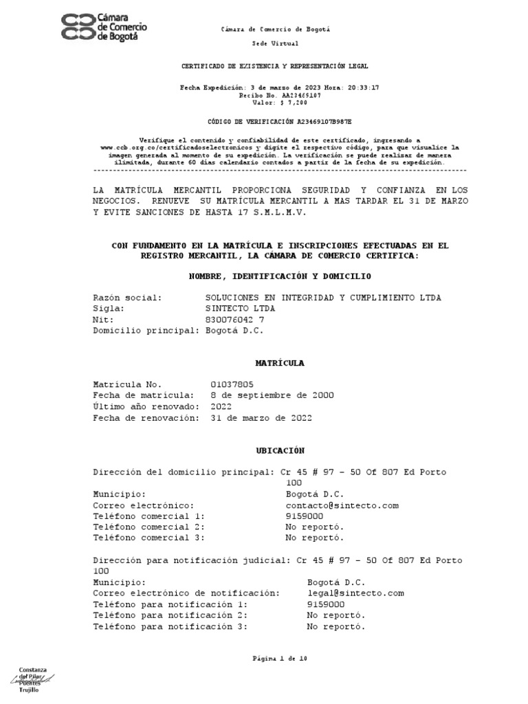 CCB Sintecto Actualizada | PDF | Sociedad de responsabilidad limitada | Business