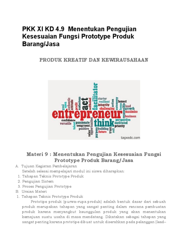 PKK XI KD 4.9 Menentukan Pengujian Kesesuaian Fungsi Prototype Produk Barang PDF | PDF ...