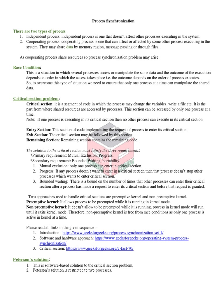 Process Synchronisation Pdf Pdf Process Computing Computer Architecture