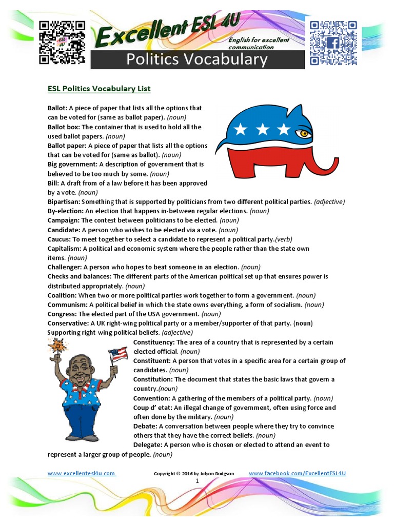 ESL Politics Vocabulary Worksheet PDF | PDF | Voting | Elections ESL Politics Vocabulary Worksheet PDF | PDF | Voting | Elections