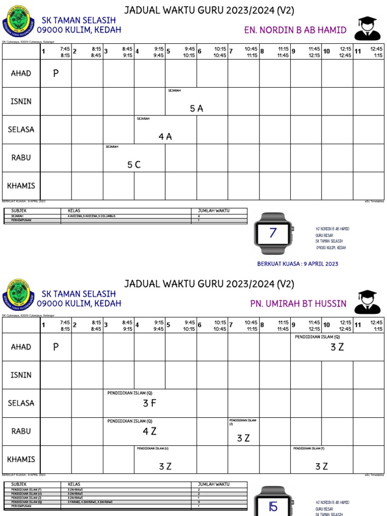 Jadual Waktu Guru SKTS 20232024 V2 | PDF